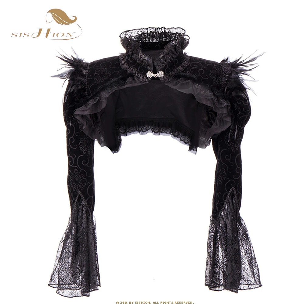 Women 2023 Gothic Black Velvet Feathers Steampunk Crop Jacket Long ...