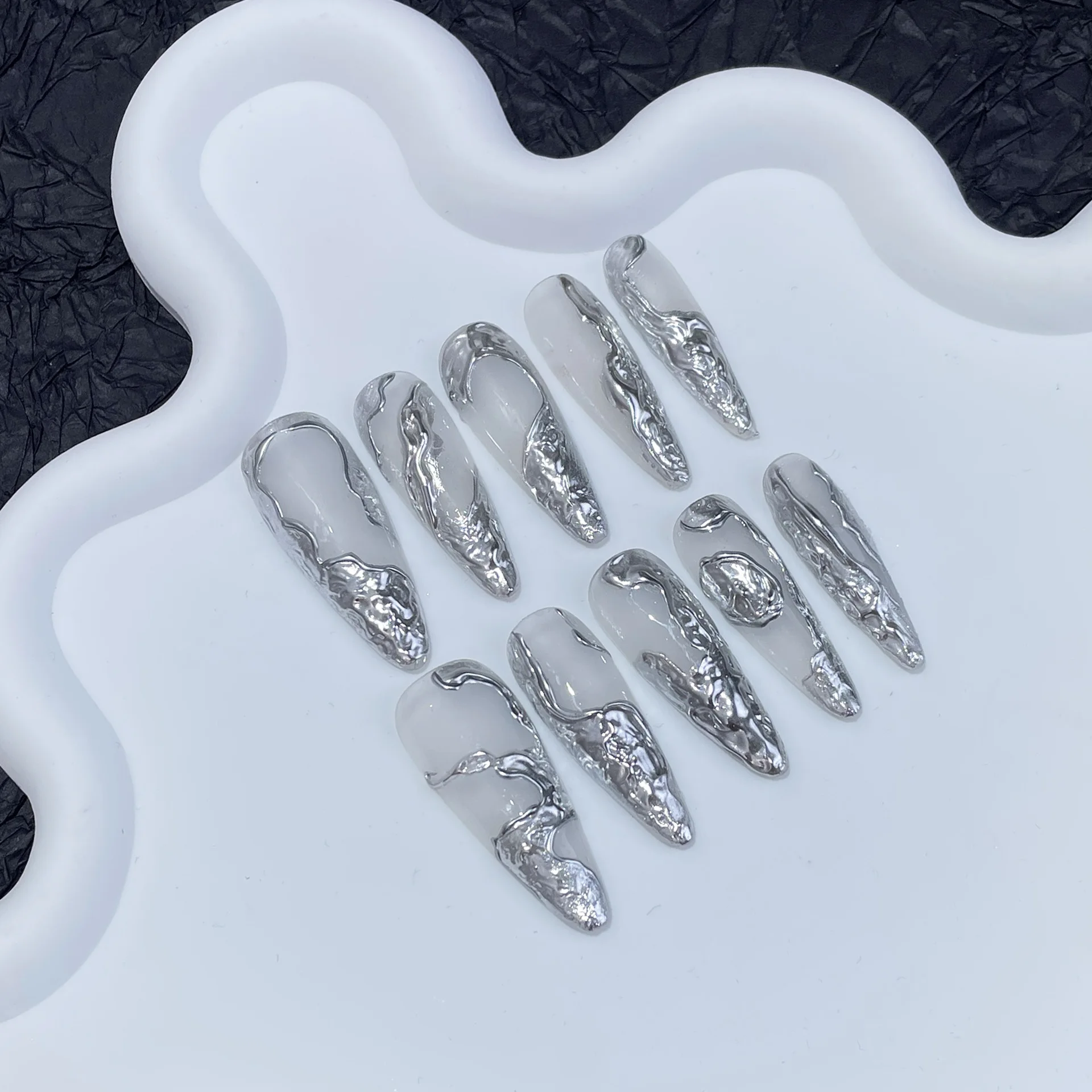 10Pcs-Irregular-3D-Silver-Metal-Handmade-Fake-Nails-Long-Almond-White ...