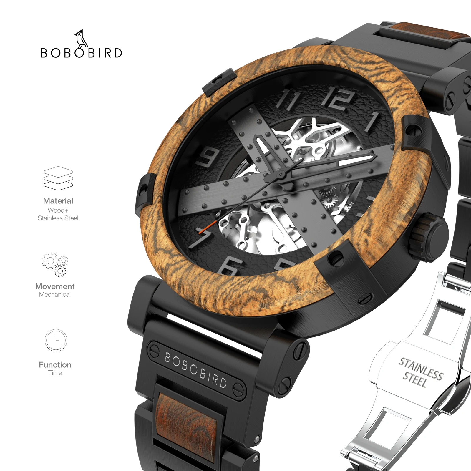 Bobo Bird 45mm Men Watch Wooden Luxury Skeleton Automatic Mechanical ...