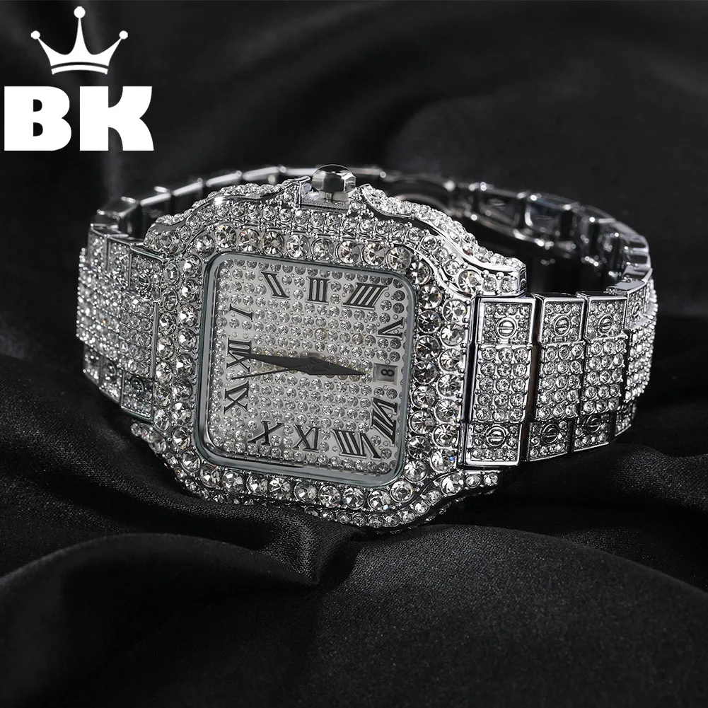 THE BLING KING Iced Out Men's Square Watches Full Micro Paved Round Cut ...