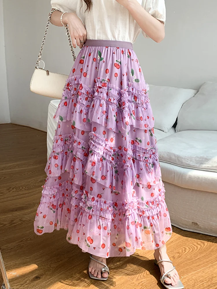 TIGENA-Falda-larga-de-tul-con-Estampado-de-cereza-para-mujer-falda ...