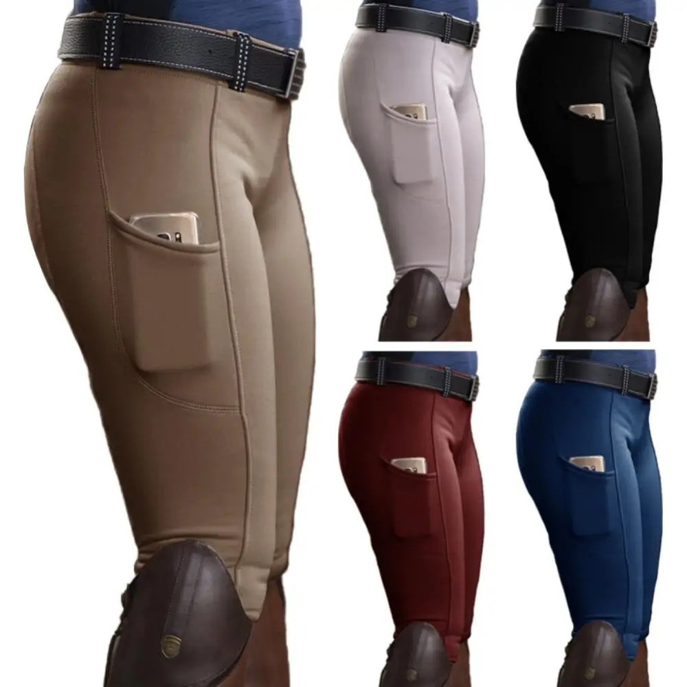 Women-Solid-Color-Pocket-Hip-Lift-Elastic-Equestrian-Pants-Horse-Racing ...