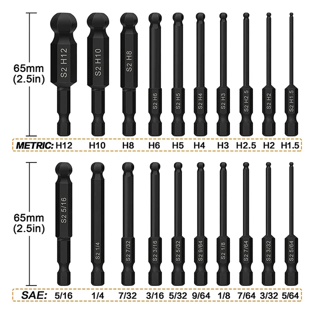 20Pcs Ball End Hex Head Allen Wrench Drill Bit Set Magnetic Metric SAE ...
