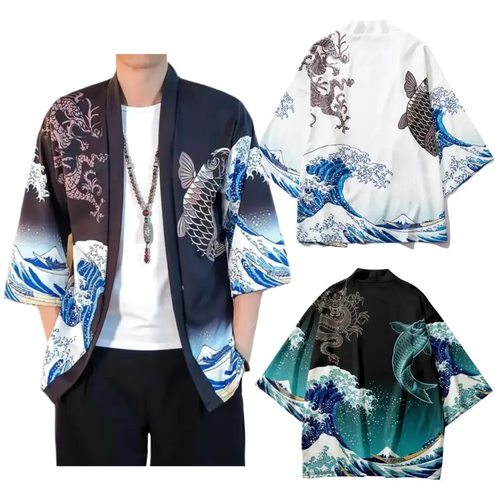 Men-s-Summer-Green-Wave-Carp-Pattern-Kimono-Cardigan-Women-s-Japanese ...