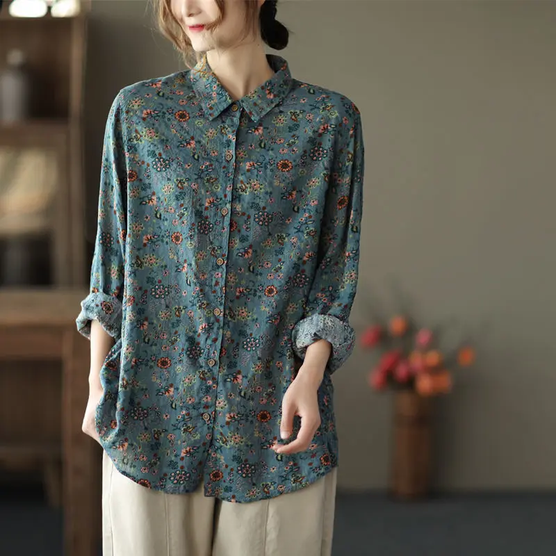 Women's Vintage Floral Blouse 2022 Spring Autumn Female Clothing Long ...
