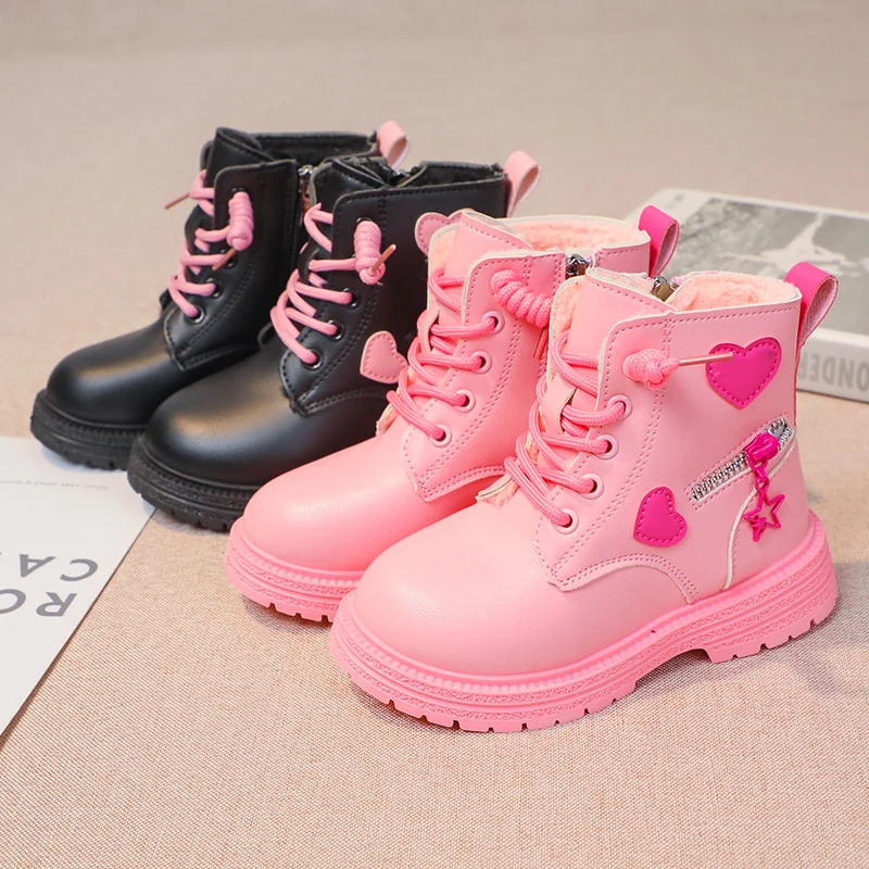Black-pink-Girls-Leather-Boots-with-Anti-Slip-Low-Cut-Side-Zipper ...