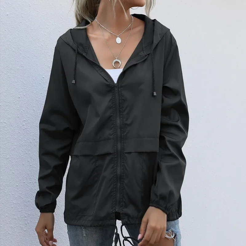HOUZHOU-Black-Spring-Jacket-Women-Windbreaker-Zipper-Hooded-Outdoor ...