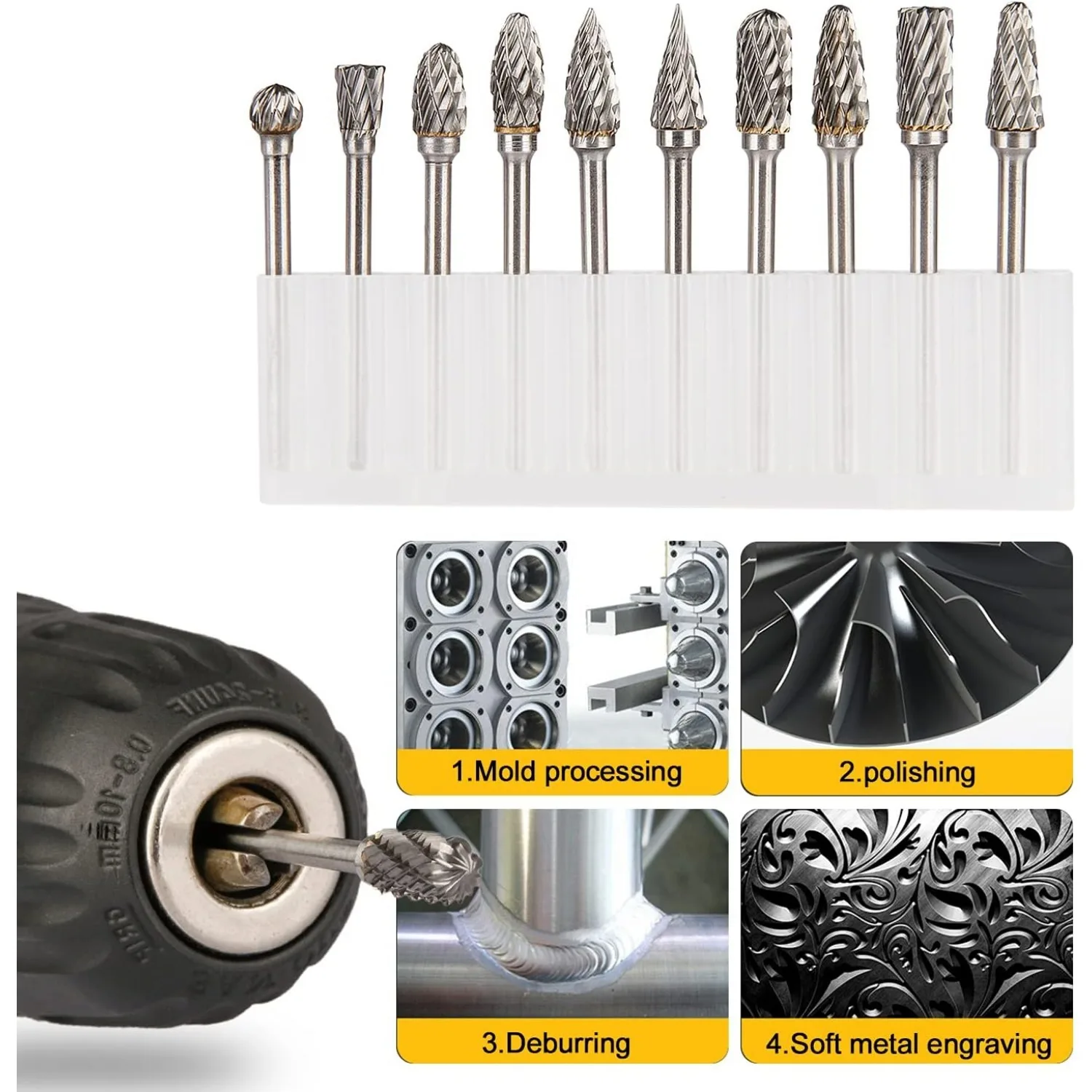 10pcs 3mm Shank Cemented Carbide Milling Cutter Burr Diamond Cut Rotary ...