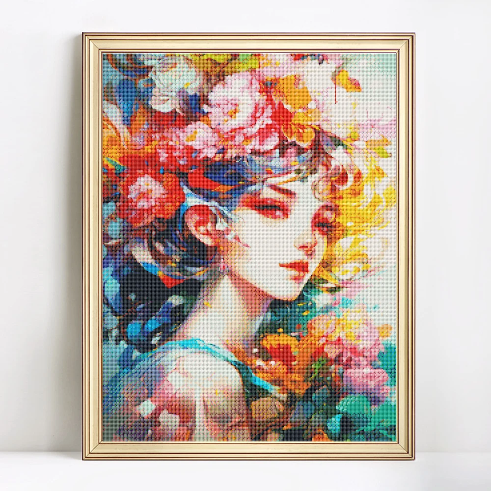 HUACAN Cross Stitch Flower Girl Portrait Embroidery Woman Needlework ...