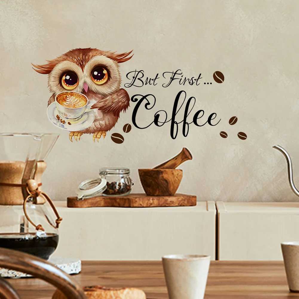 Cartoon-Owl-Coffee-Cup-Wall-Sticker-For-Kitchen-Restaurant-Decoration ...