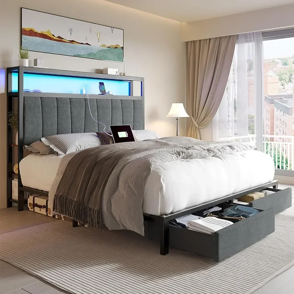 LED-Queen-Bed-Frame-with-2-Drawers-6-Side-Storage-2-Tier-Storage ...