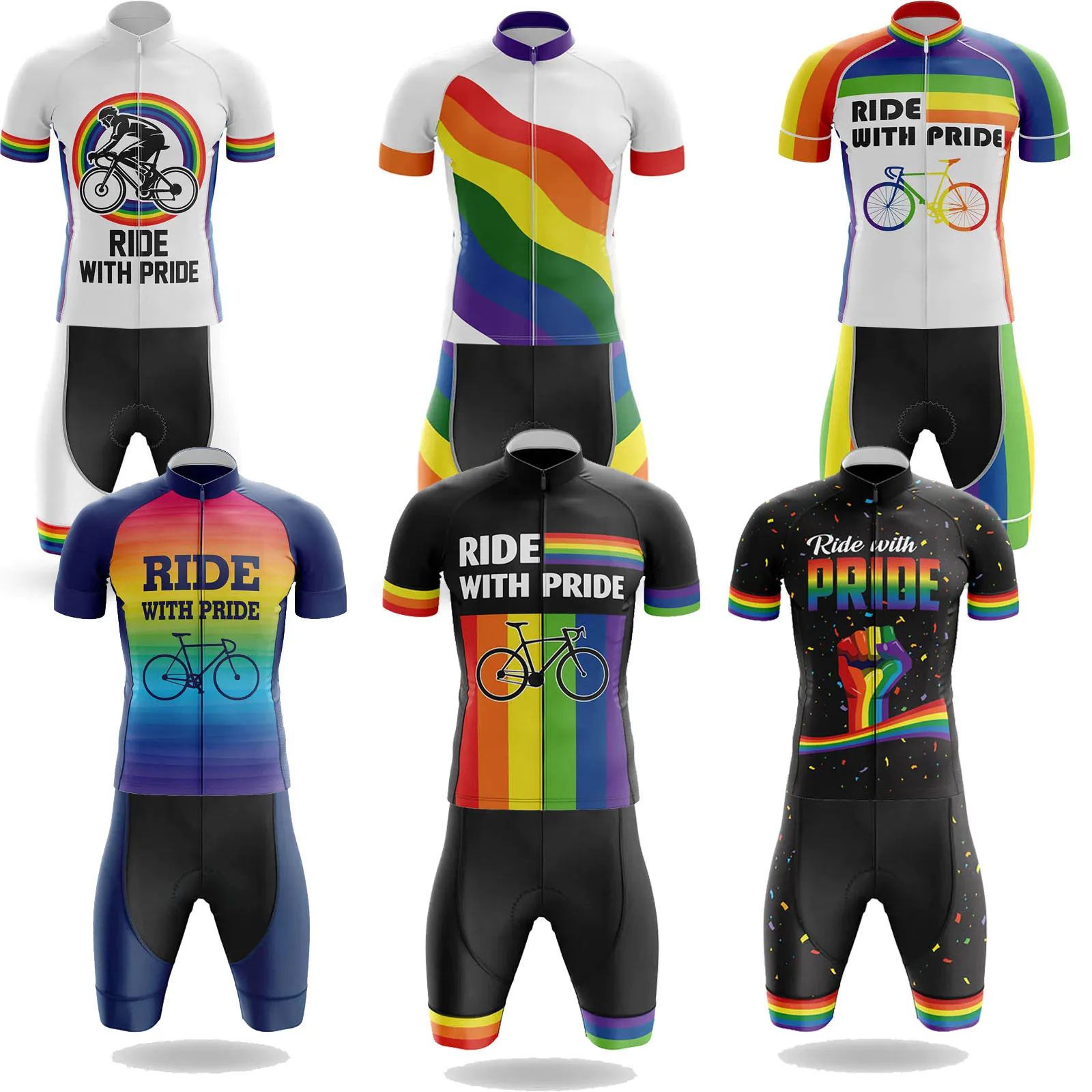 Retro Ride With Pride Funny Cycling Jersey Set Unisex Rainbow Stripes ...
