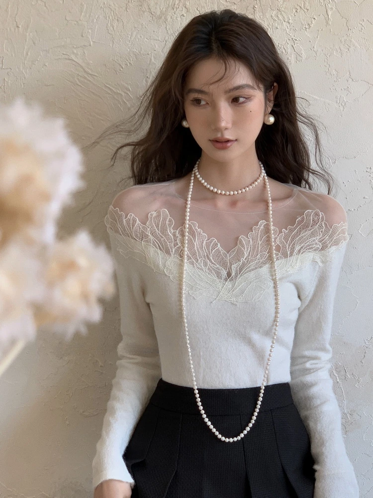 ADAgirl-White-Off-Shoulder-Knit-Sweater-Women-Lace-Transparent-Mesh ...