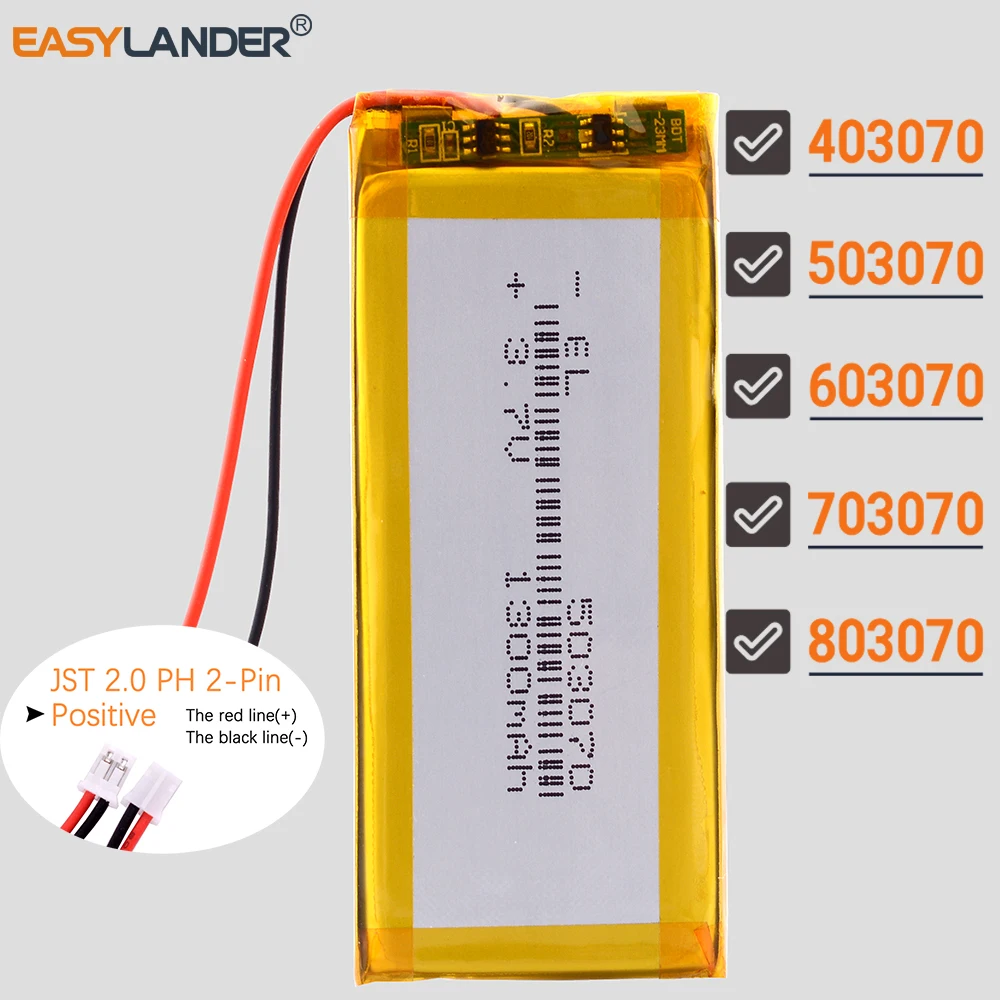 JST2.0 2P 503070 3.7V 1300mAh Lithium Li-ion Polymer Battery 483070 ...