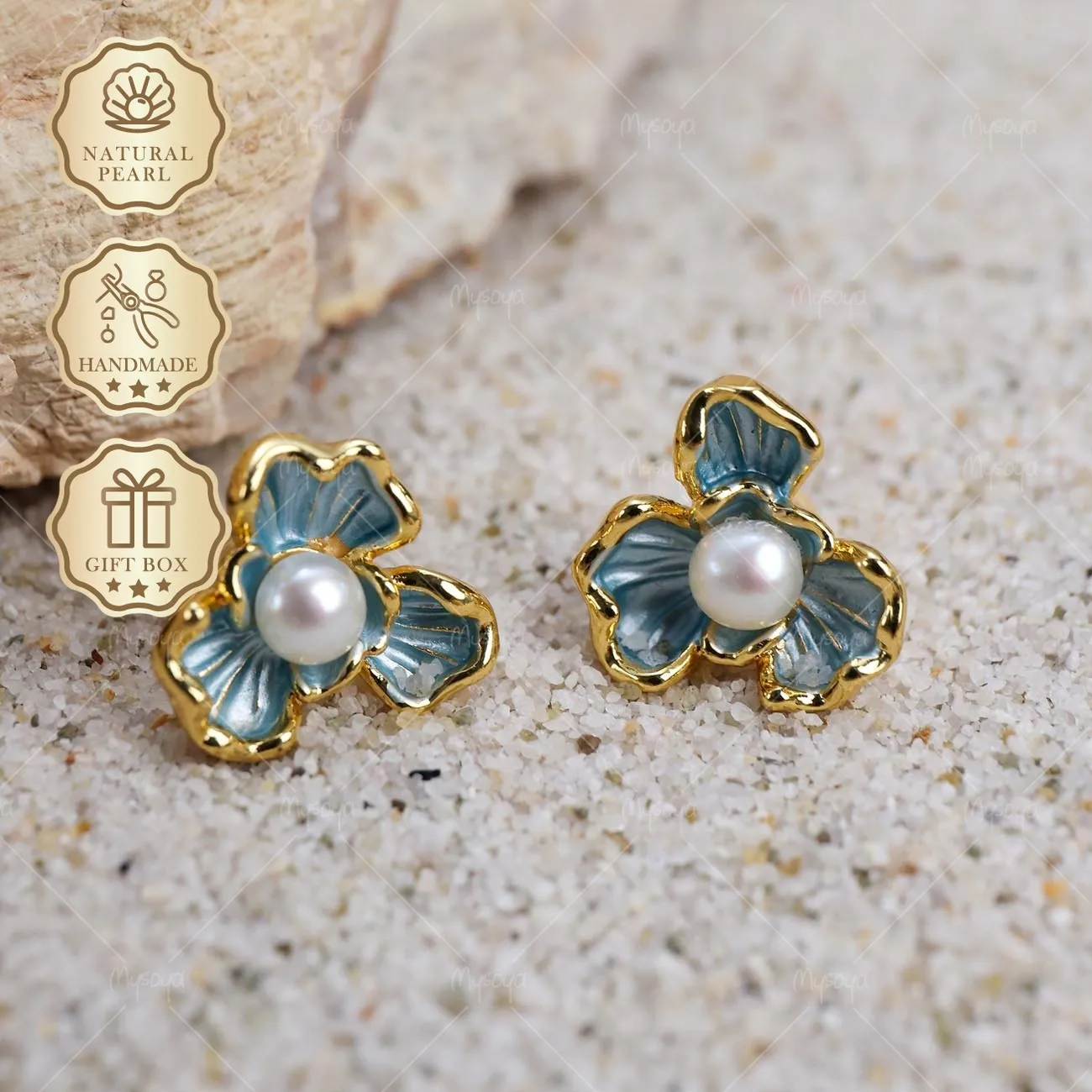 Mysoya White Freshwater Pearl Blue Flower Stud Earrings 4-5mm Golden ...