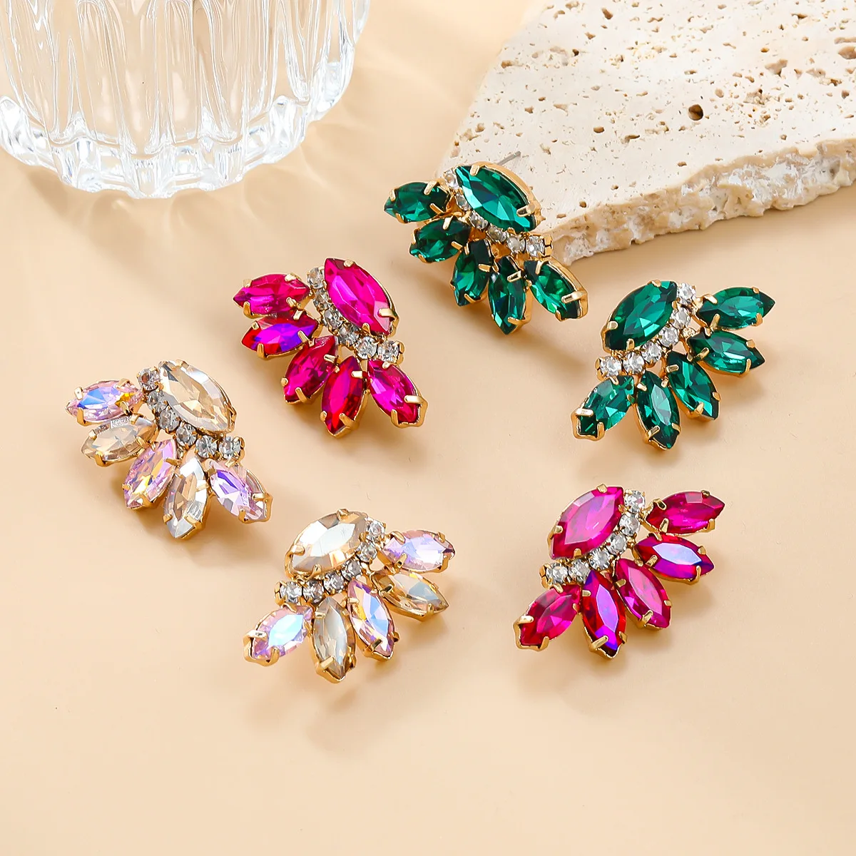 Metal Rhinestones Floral Geometric Stud Earrings for Women New Simple ...