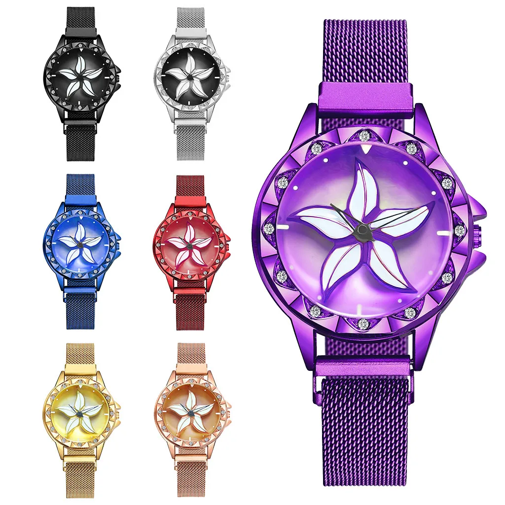Vansvar Ladies Watch Magnet Buckle Stainless Steel Flower Wrist Watch ...