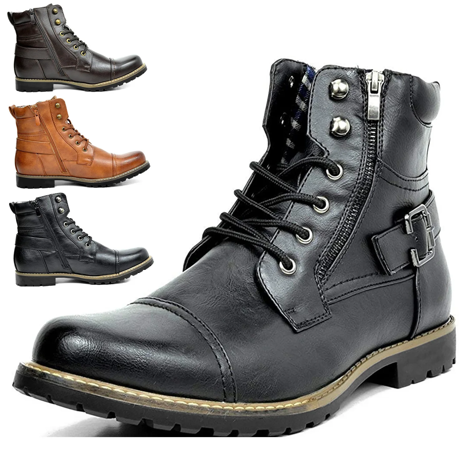 Size38-48 Men Boots Leather Round Toe Grid Pattern Square Heel Males ...