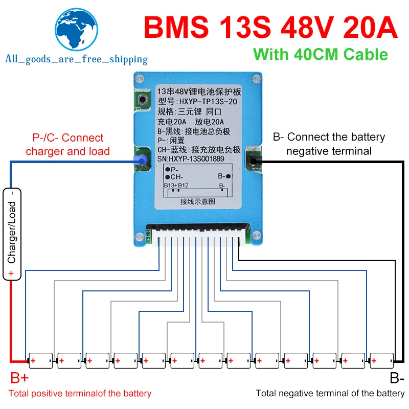 BMS 3 원 리튬 이온 리튬 18650 배터리 충전 보호 보드, 방열판 공통 포트, 2 인 1, 13S, 48V, 20A ...