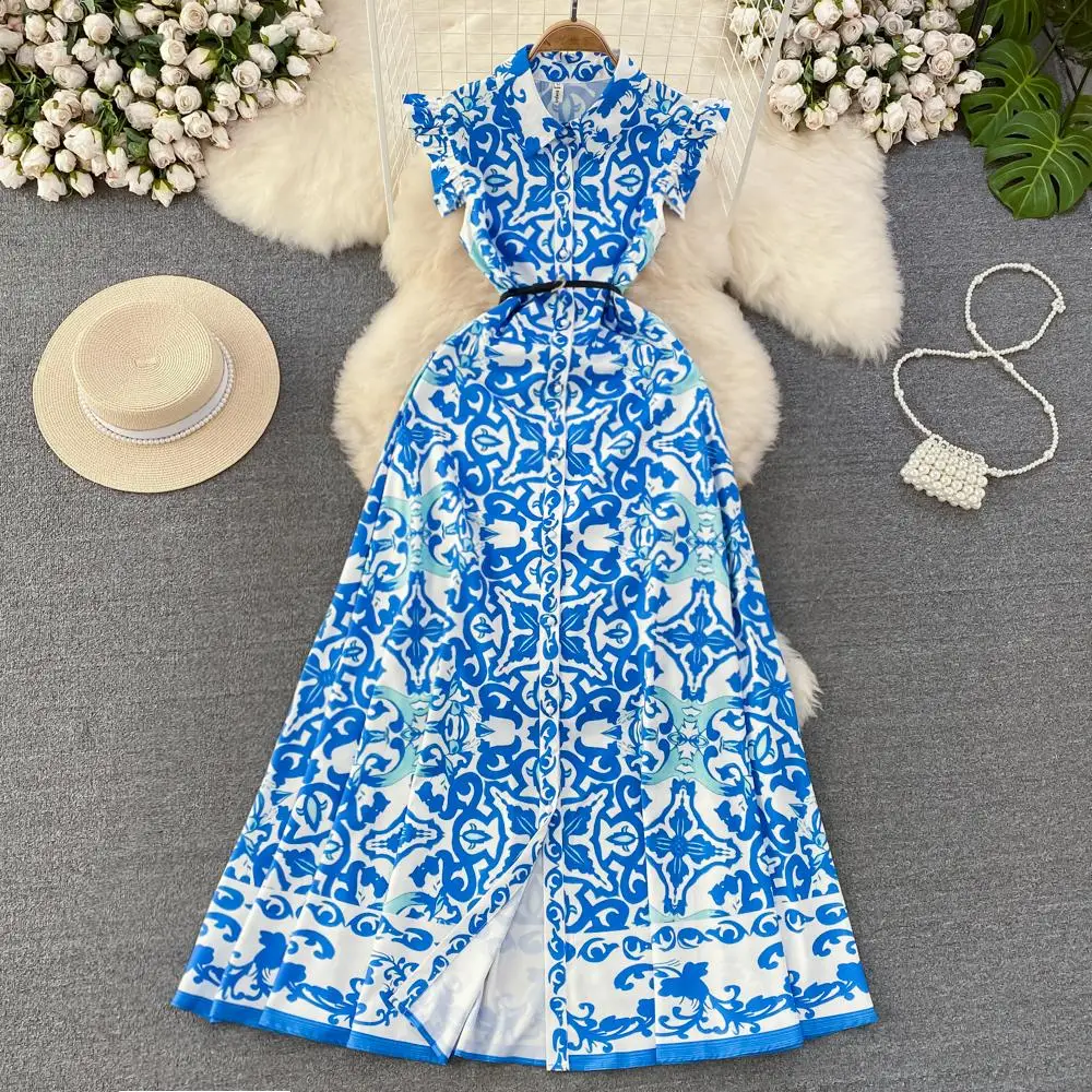Summer-Runway-Blue-and-White-Porcelain-Print-Long-Dress-Women-s-Lapel ...