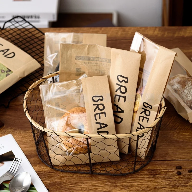 100pcs kraft bakery paper bags with gusset and window for bagels toast ...