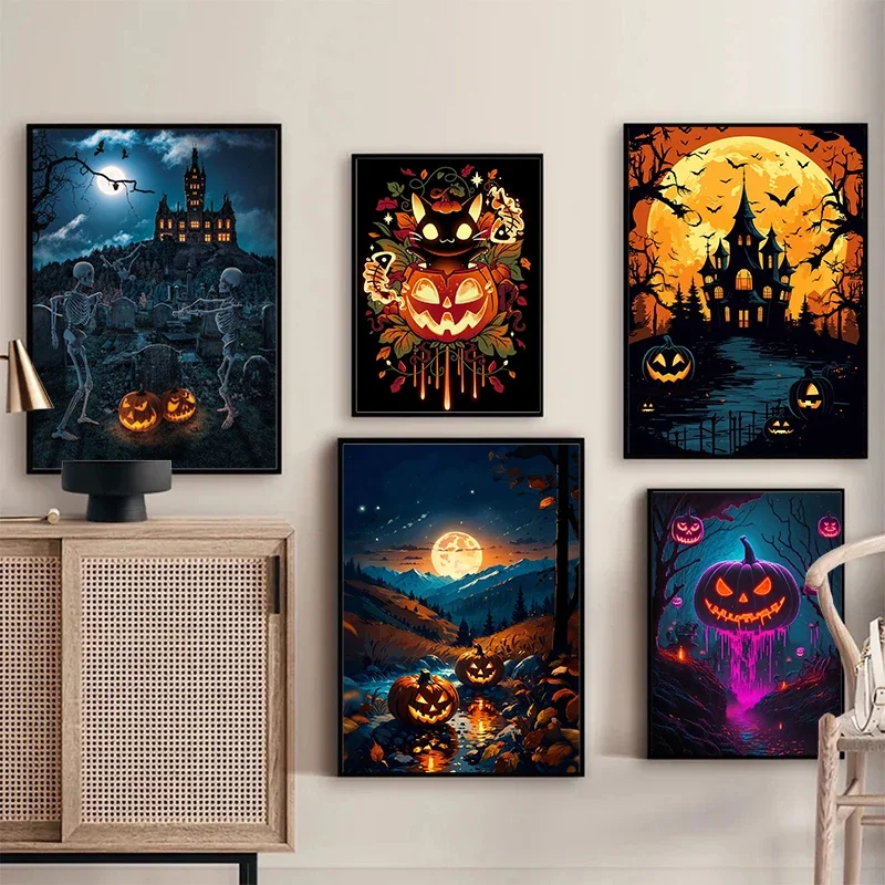 A Classic Vintage Wall Art Pumpkin Black Cat Ghost Painter Halloween ...