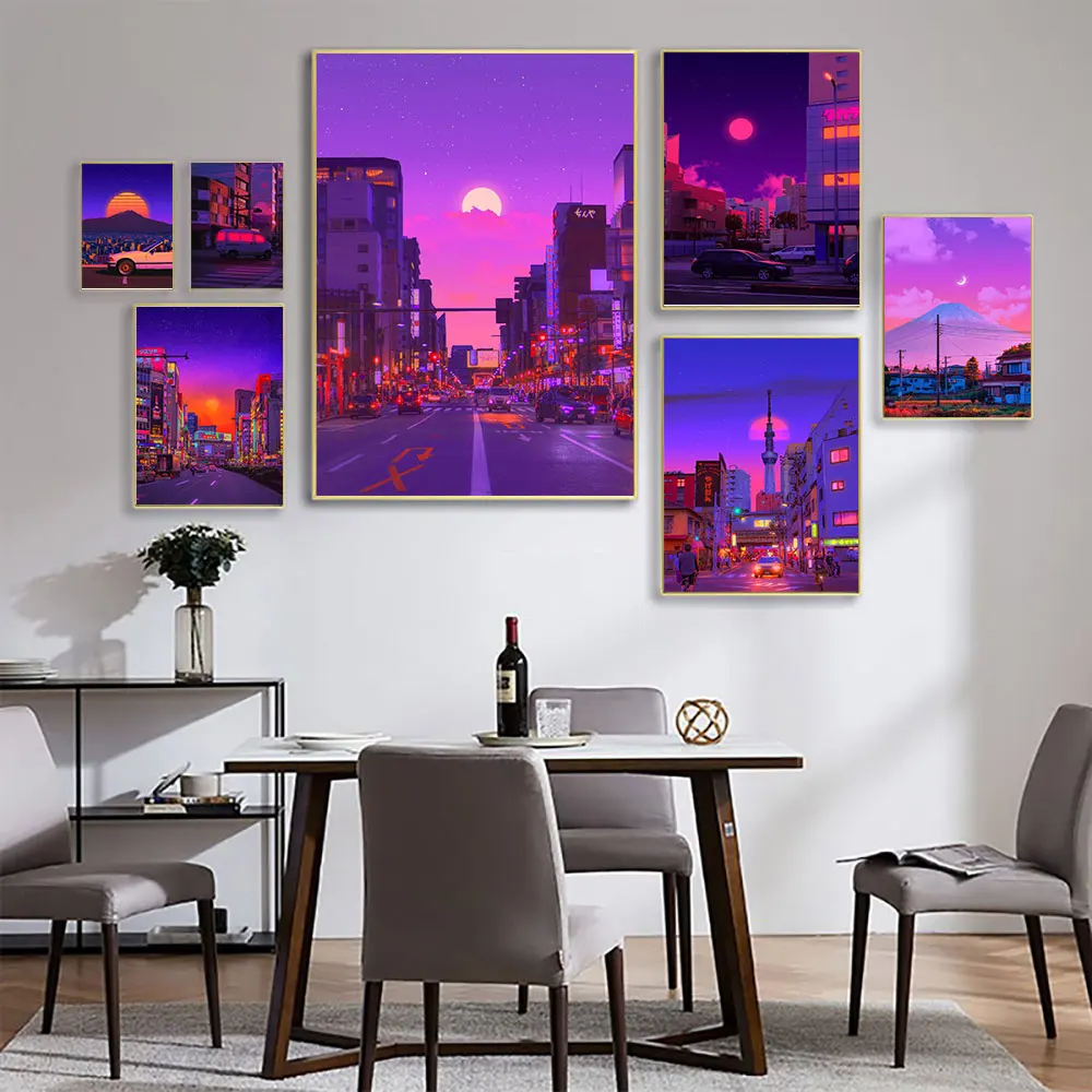 Urban-Landscape-Poster-Purple-Neon-Sunset-Canvas-Painting-Vintage-Japan ...