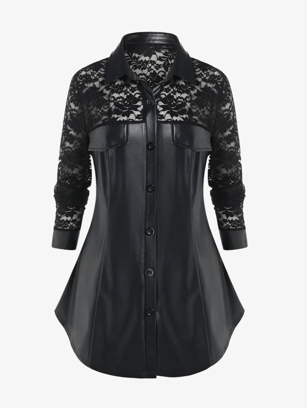 ROSEGAL-Black-Shirts-Buttons-Up-Tees-Lace-Panel-Long-Sleeves-Faux ...