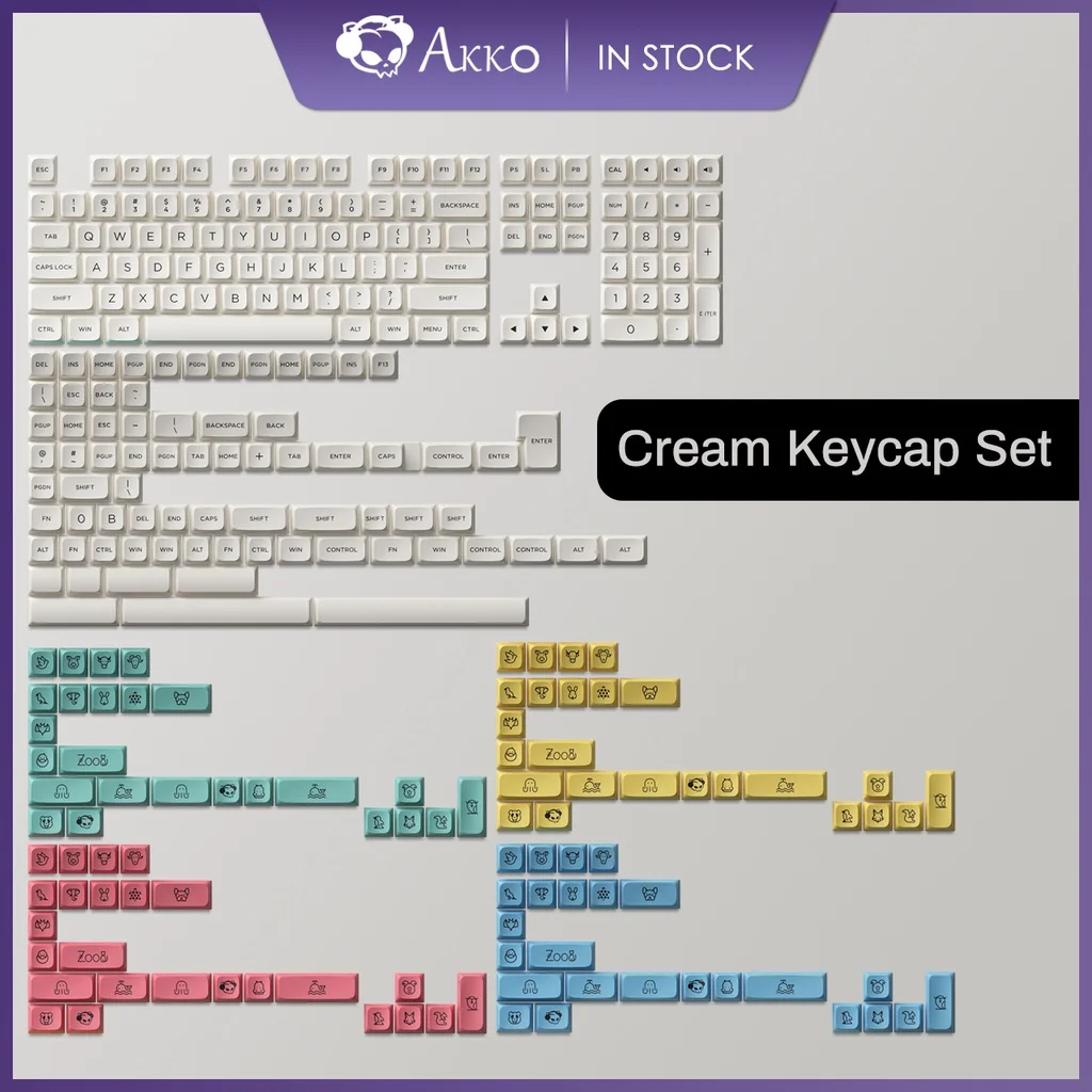 Akko Cream Keycap Set 282-Key MDA Profile PBT Double-shot ANSI & ISO-UK ...
