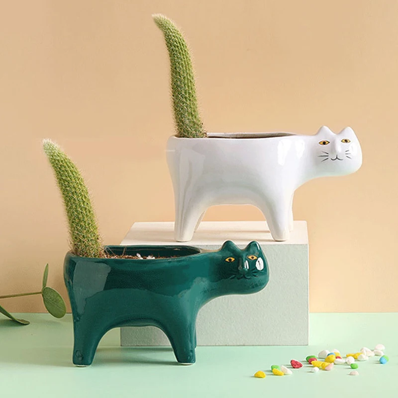 Cute Cat Ceramic Garden Flower Pot Animal Image Cactus Planter ...