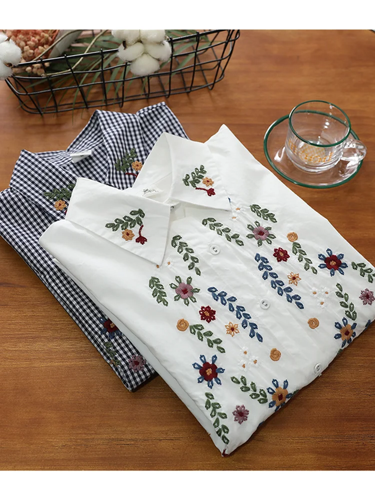 Lamtrip Flowers Embroidery Boutique Peter Pan Collar Long Sleeve Cotton Shirt Single Breasted ...