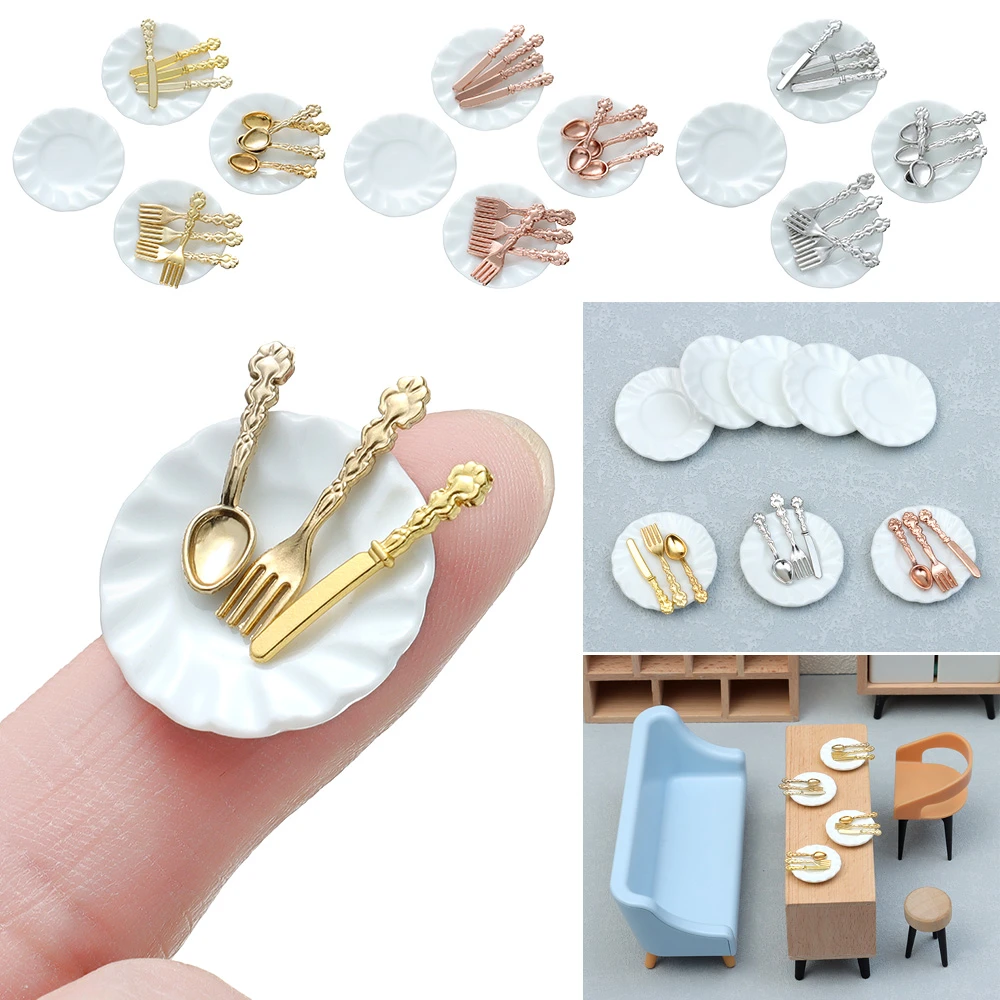 Miniature Tableware Mini Ceramic Plate Alloy Fork Spoon Dollhouse ...