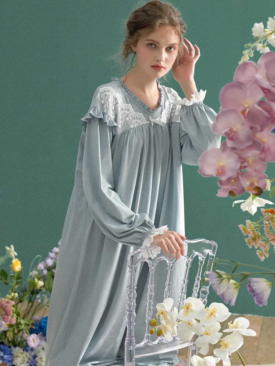 Vintage-Cotton-Royal-Princess-Nnightgowns-For-Lady-Solid-Color-Long ...