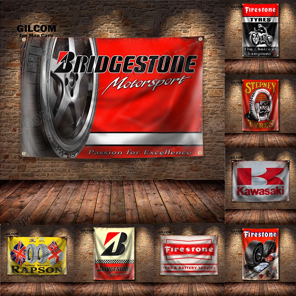 Tyres Logo Banner Flag Firestone Kawasaki Rapson Stepney Poster Art Ad ...