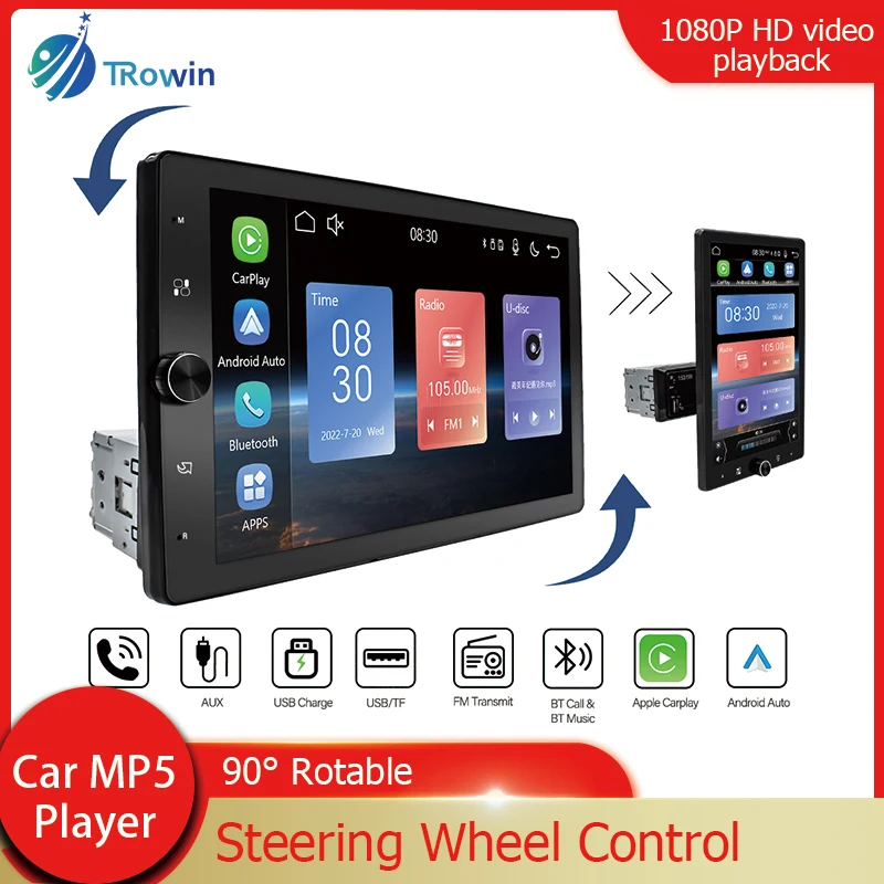 1-Din-MP5-Car-Stereo-Radio-Carplay-Android-Auto-10-4-HD-1080P-Rotable ...