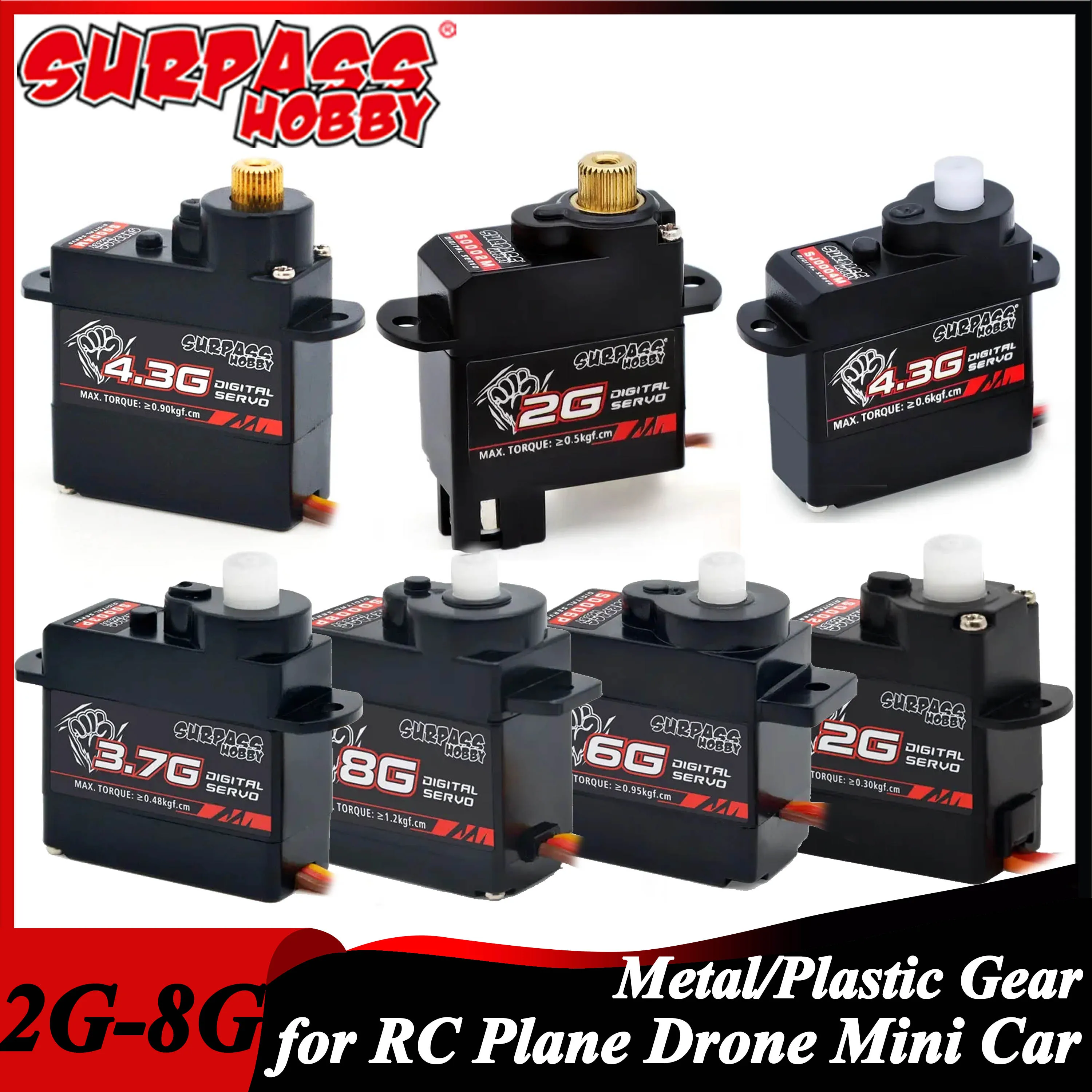 Surpass Hobby 2g 3.7g 4.3g 6g 8g Plastic/Metal Gear Mini Digital Servo ...