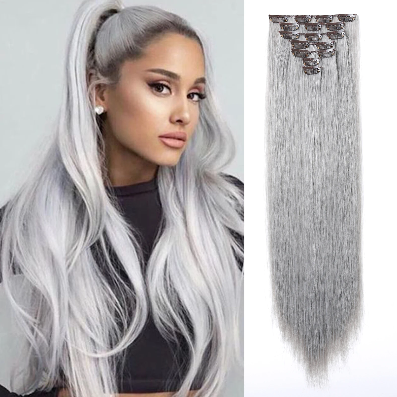 7Pcs/Set Silver Grey Synthetic Hairs Clip In Long Straight Natrual ...