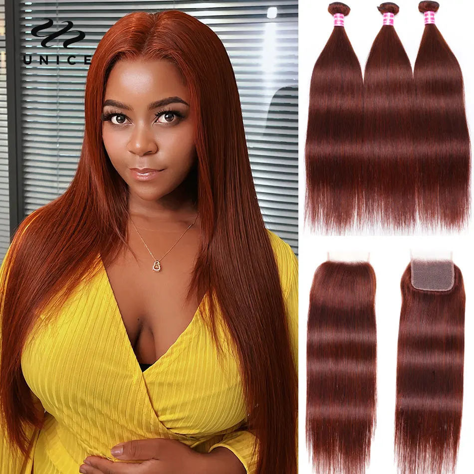 UNice-Hair-33B-Dark-Auburn-Straight-Human-Hair-Bundles-With-Closure ...