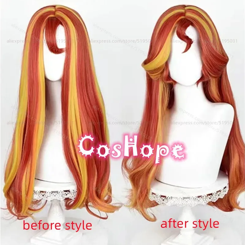 Sunset Shimmer Sunshim Curly Wave Orange Red Yellow Wig Anime Cosplay ...