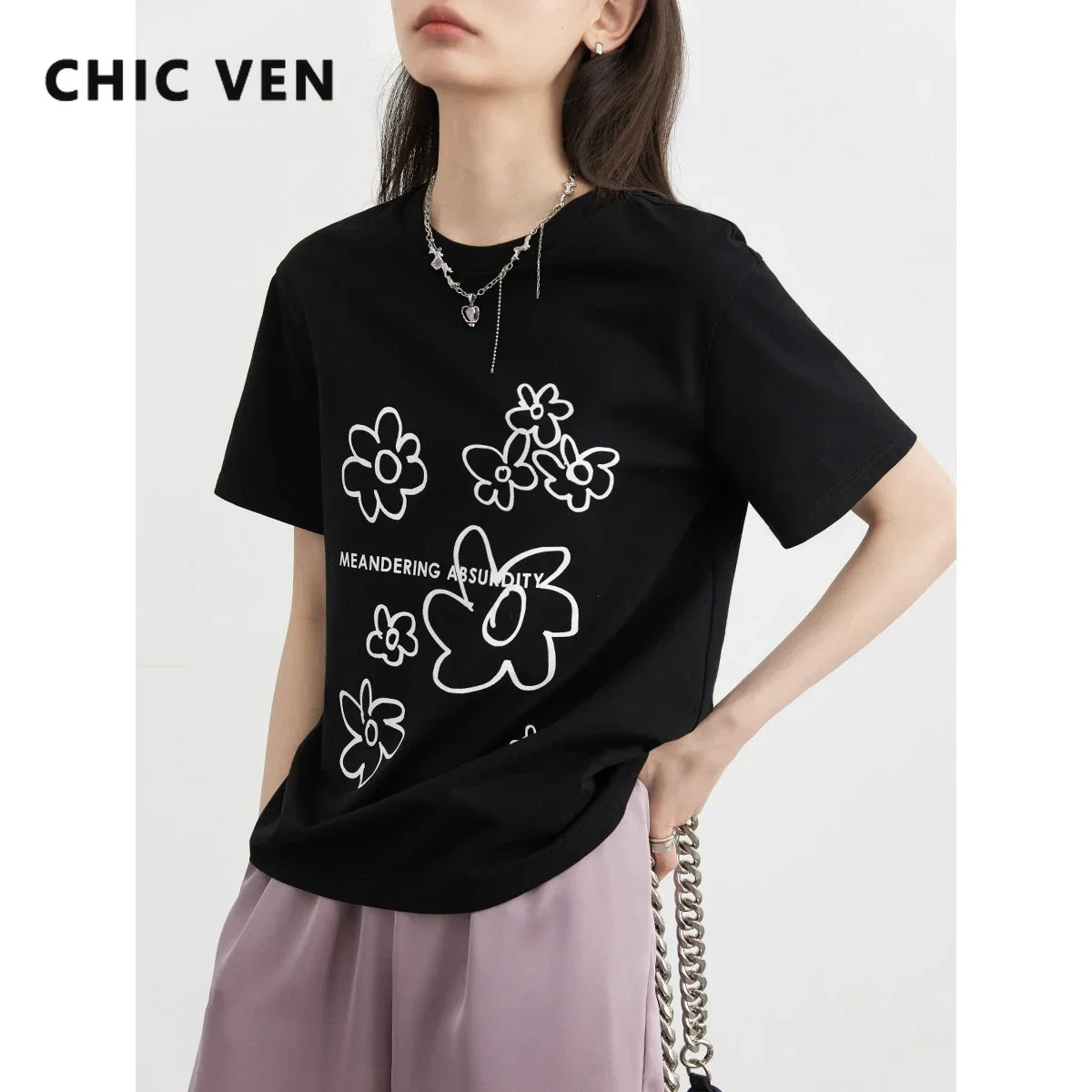 CHIC VEN Fashion Women T-shirt New Loose Casual Flower Print O Neck ...