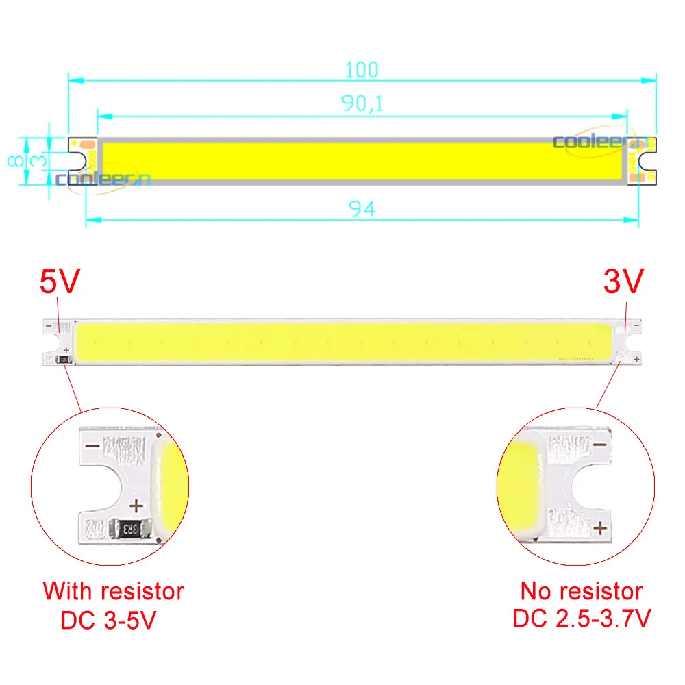 AMPOULE LED,COB USB Dimmer-Warm White 3000K--Puce LED COB 100x8mm, 3V 3.7V 5V, 2W, couleur blanc ...
