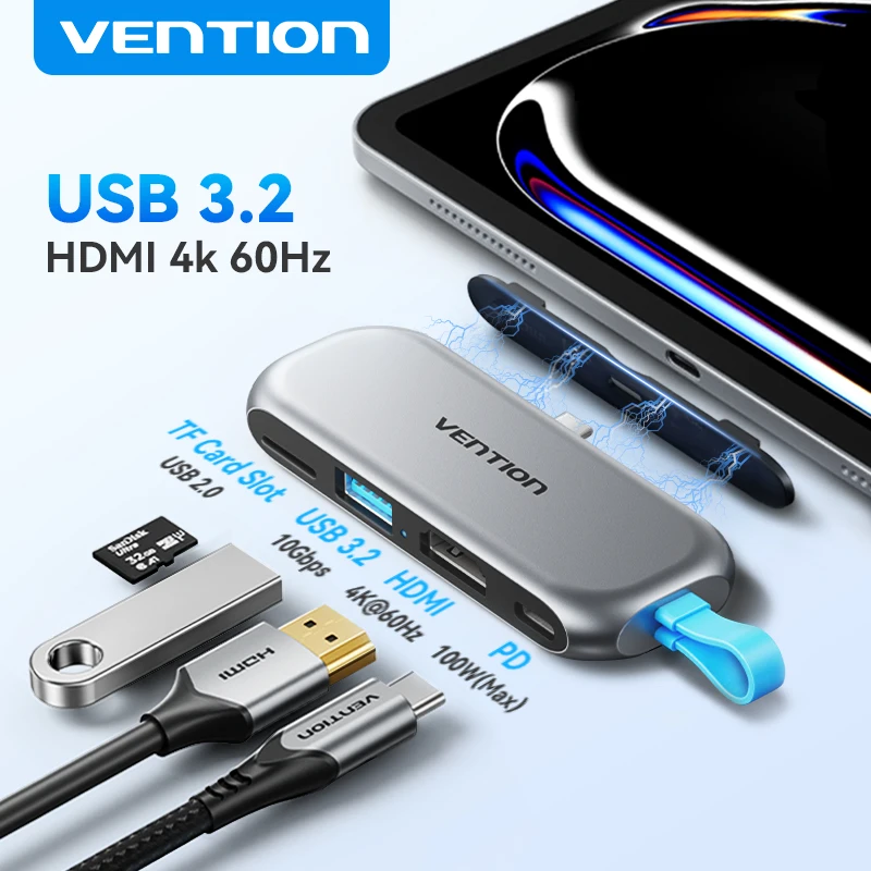Vention 4 in 1 휴대용 USB 3.2 Gen2 4K@60Hz HDMI 허브 PD 100W 충전 어댑터 iPad 태블릿 ...