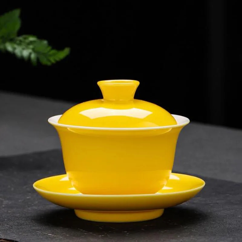 Porcelain-Lemon-Yellow-Glazed-Sancai-Gaiwan-Tea-Tureen-Green-Tea ...