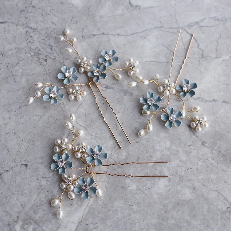 Bridal-Hair-Pins-Clips-Hand-Painted-Blue-Floral-Wedding-Piece-Handmade ...