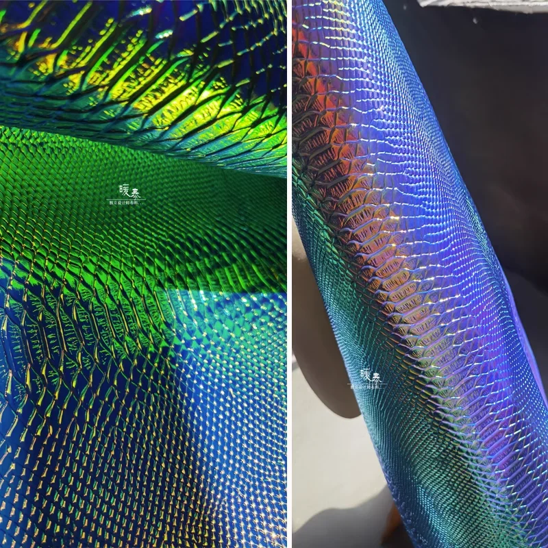 Laser-Reflective-Leather-Fabric-Blue-Green-Snake-Skin-Texture-DIY ...