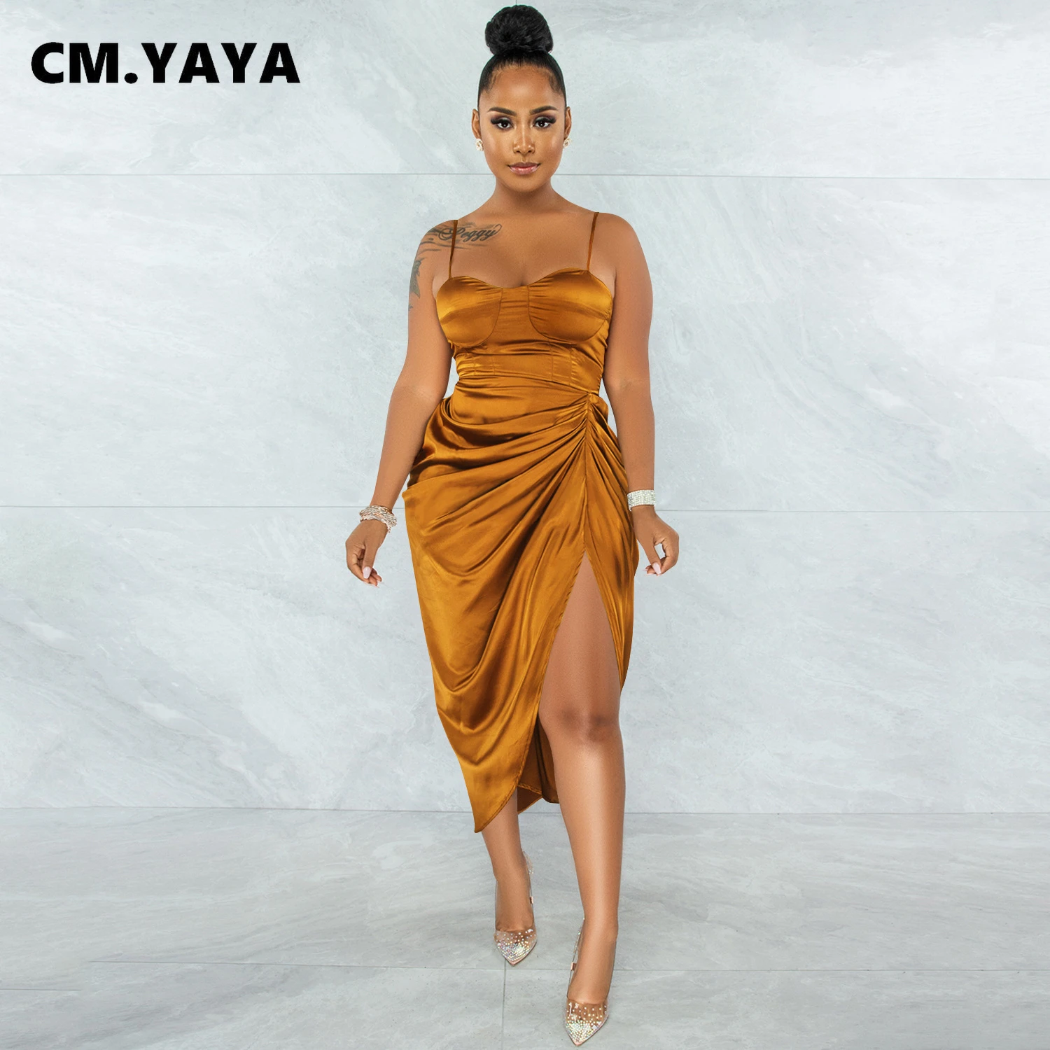 Cm.yaya Women Spaghetti Strap Sweetheart Neck Ruched Side Slit Dress ...