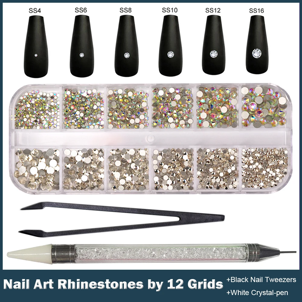 12-Grids-Multi-Sizes-Nail-Rhinestones-Set-Crystal-AB-Clear-Gems-with ...