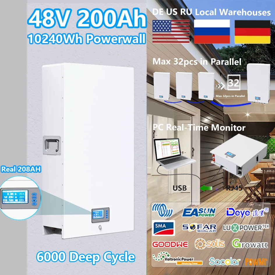 48V 200Ah Powerwall 10Kwh LiFePO4 Battery Built-in 200A BMS CAN RS485 51.2V 6000+ Cycles 10 ...