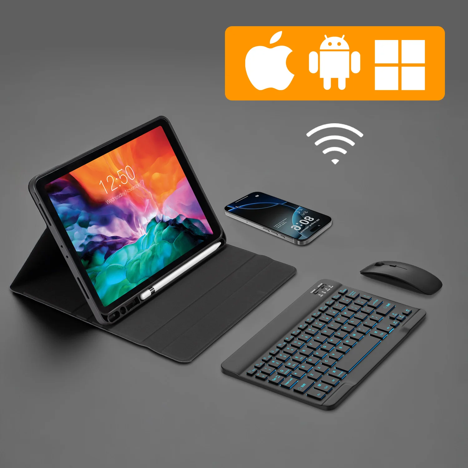 Colorful Light RGB Backlight Bluetooth Keyboard Mouse for iPad Tablet ...