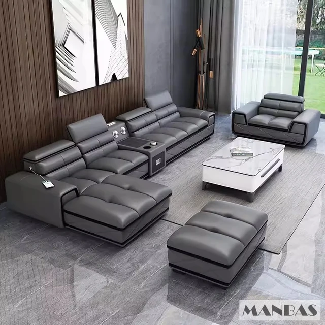 Modern Genuine Leather Sectional Sofa Sets Couch Sofas with USB ...